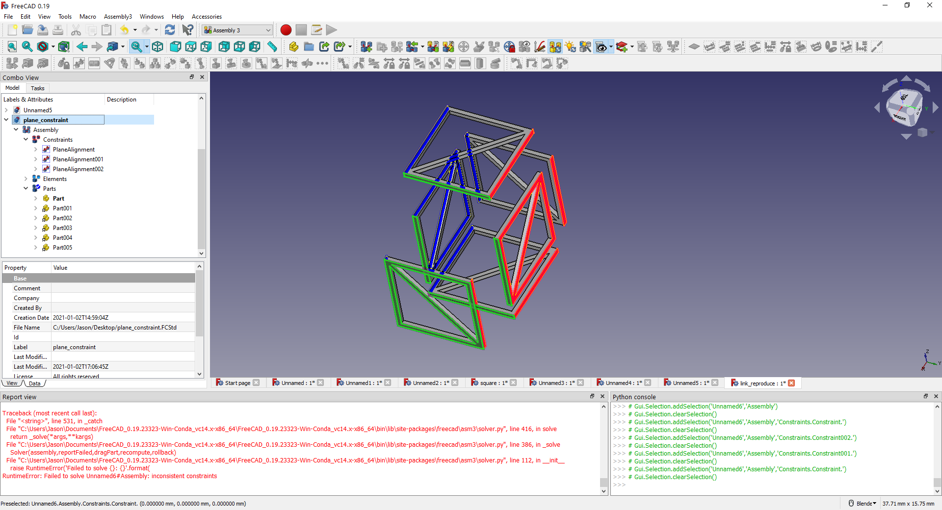 Bug: Solver fails trival case with multiple PlaneAlignment constraints when assembling a "cube ...