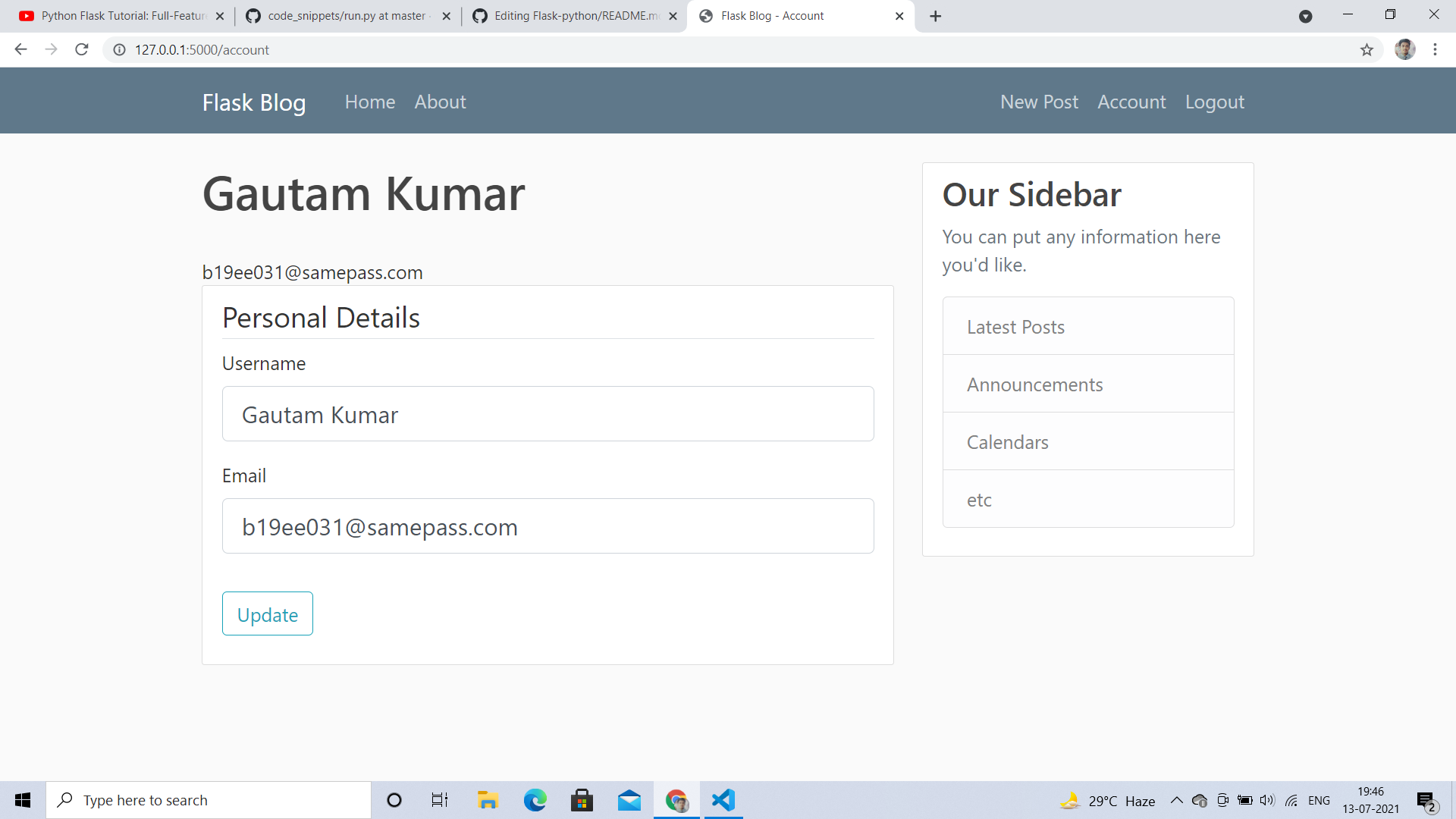 GitHub - gautamHCSCV/Flask-python: Flask is used for developing web pages.