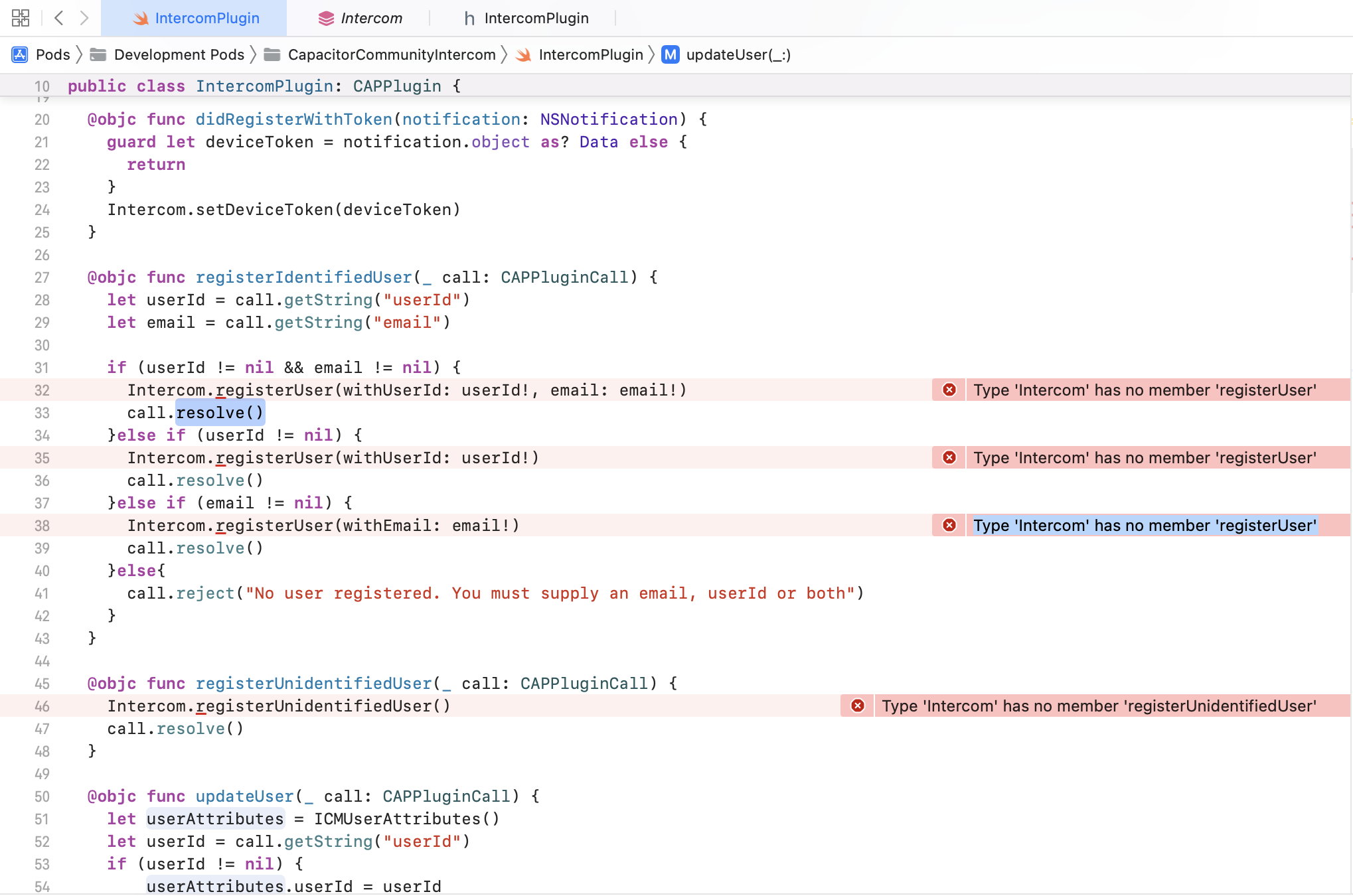 IOS Intercom.registerUser does not exist · Issue #70 · capacitor-community/intercom · GitHub