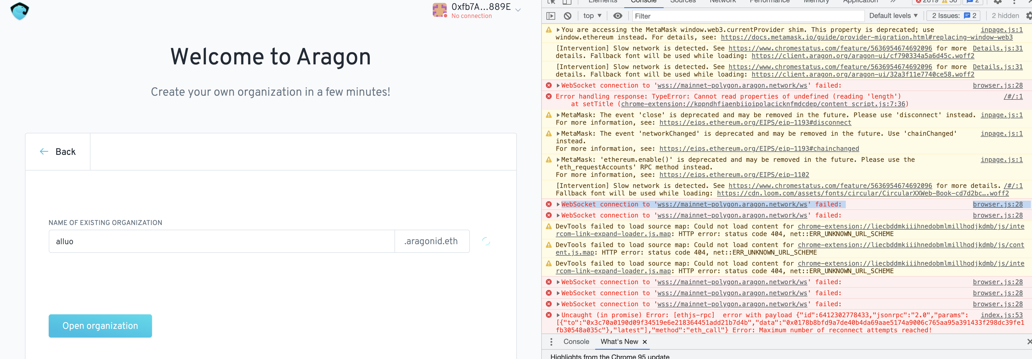 connection error to wss polygon endpoint · Issue #1691 · aragon/client · GitHub