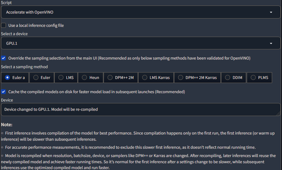 [Bug]: OpenVINO custom script Stable diffusion, can't change device to GPU always revert back to ...