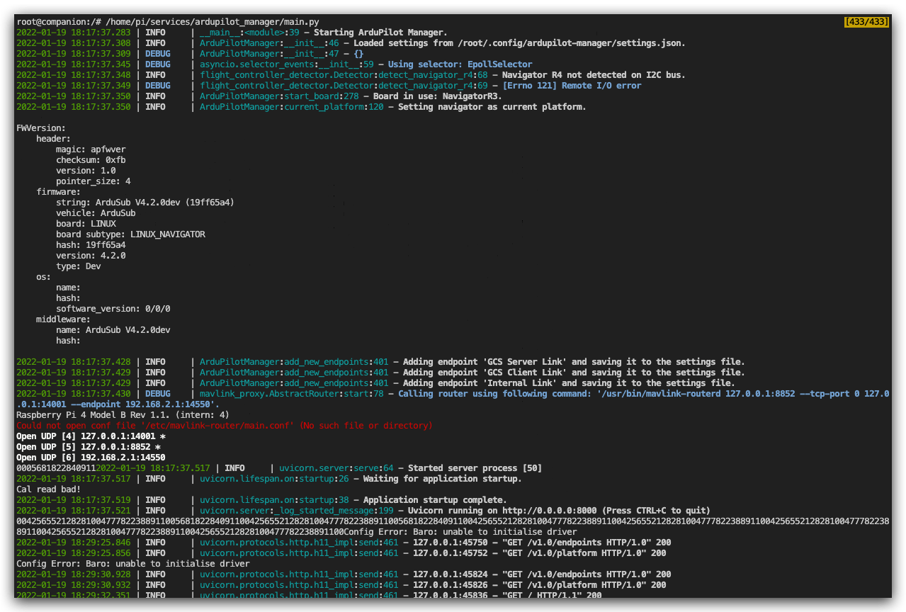 core: ardupilot manager: Error updating endpoints: 'MAVLinkRouter' object has no attribute ...