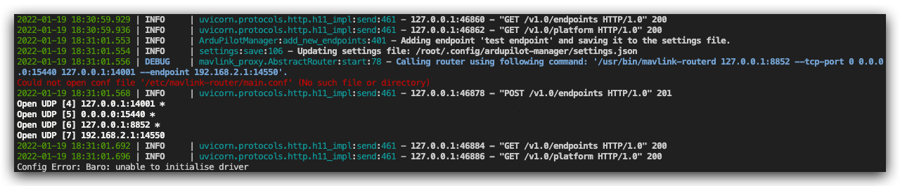 core: ardupilot manager: Error updating endpoints: 'MAVLinkRouter' object has no attribute ...