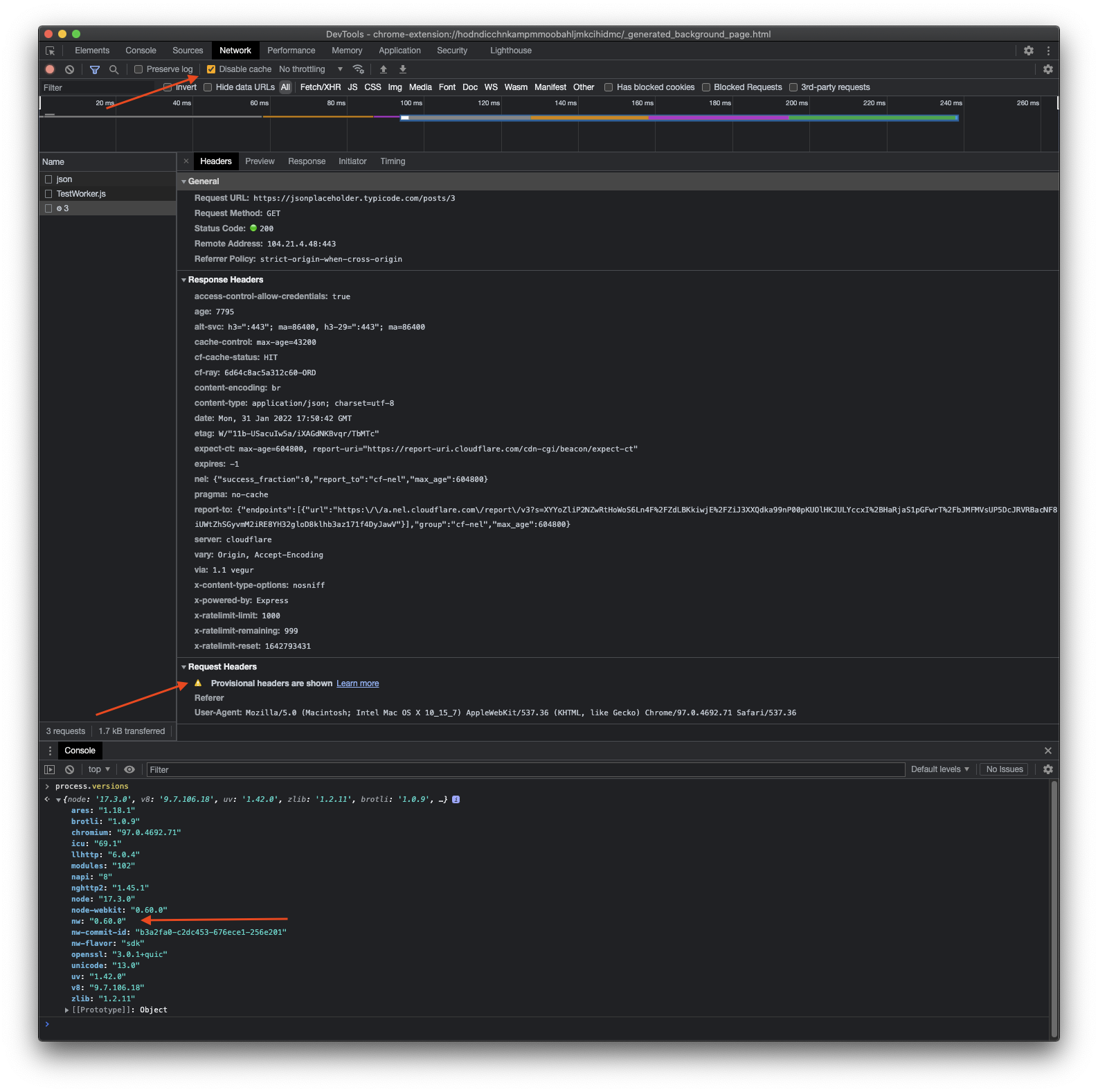 "Provisional headers are shown" in devTools network panel when making request from dedicated web ...