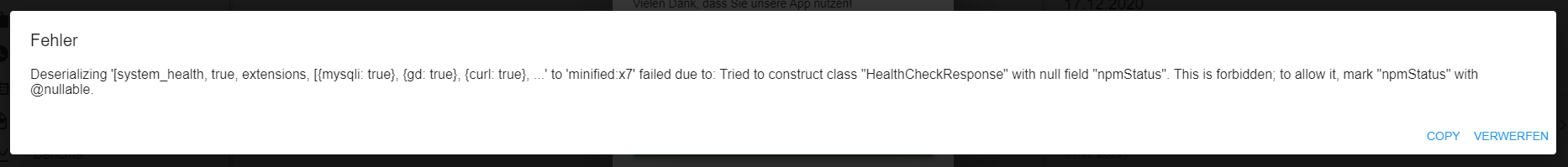 (v5) Health Check fails with npmStatus is null · Issue #4561 · invoiceninja/invoiceninja · GitHub