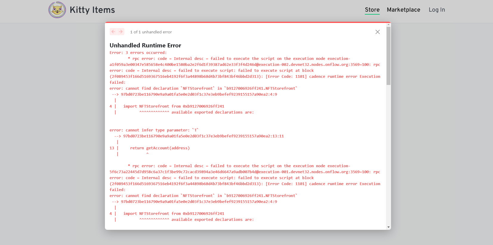 Unhandled Runtime Error · Issue #184 · onflow/kitty-items · GitHub