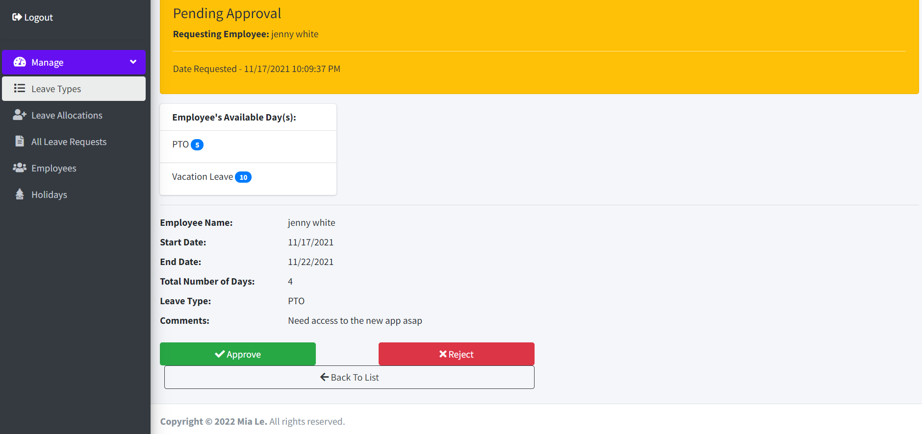 GitHub - tknle/MLE-leave-management-system: Vacation management