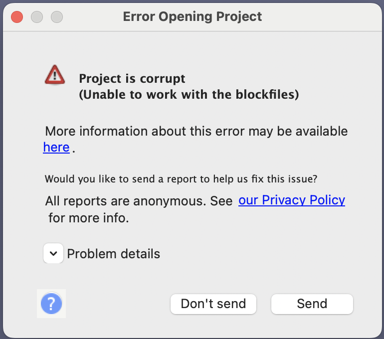 Project Is Corrupt Unable To Work With The Blockfiles When Saving To Mac Directory Saved On 