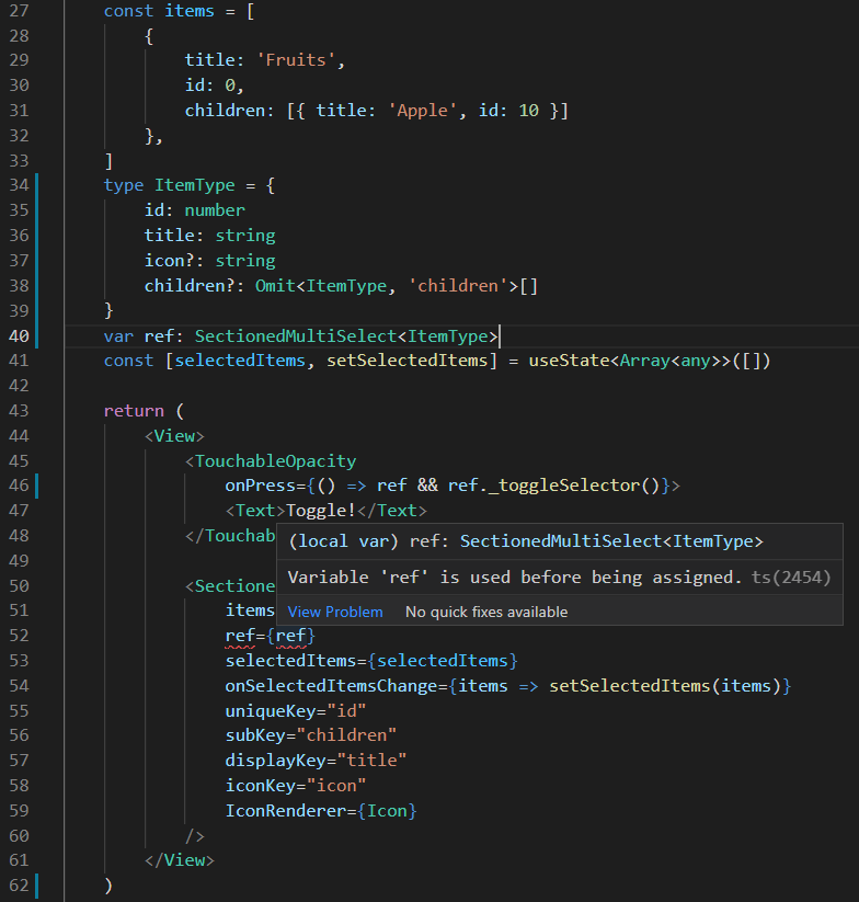 TypeScript error when using ref · Issue #240 · renrizzolo/react-native-sectioned-multi-select ...