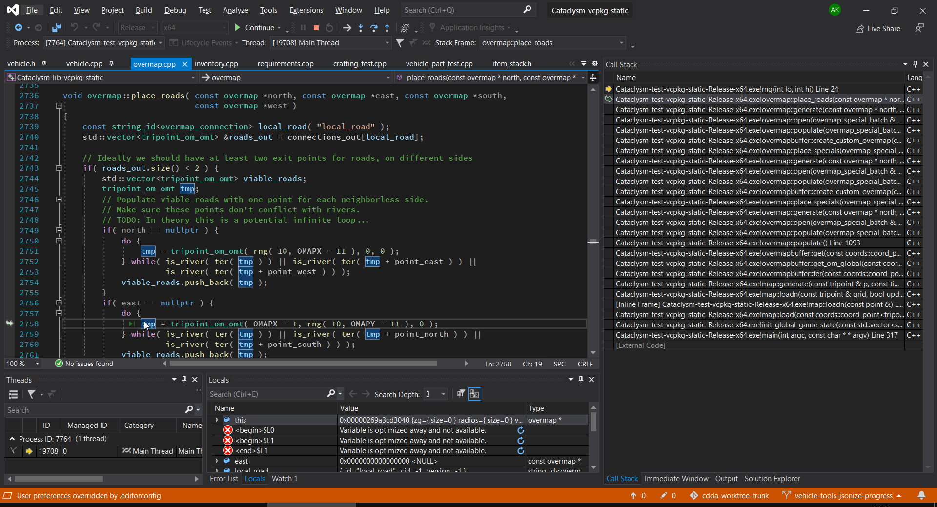 Game freeze in overmap::place_roads · Issue #44736 · CleverRaven/Cataclysm-DDA · GitHub