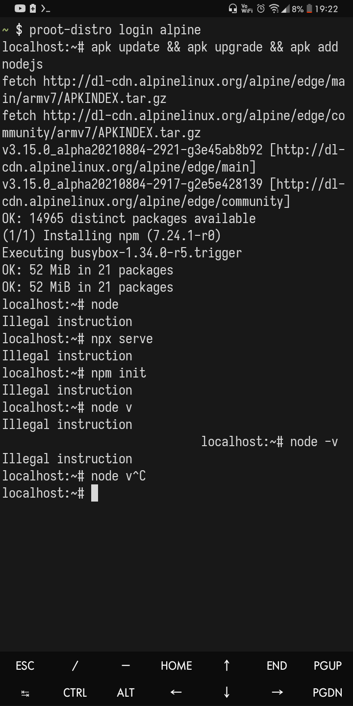 [Bug]: Nodejs output "Illegal Instruction" in Alpine, but not in Debian · Issue #161 · termux ...