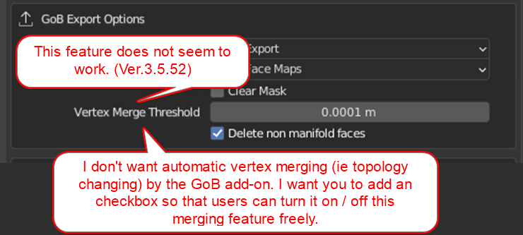 GoB Export Options "Vertex Merging" does not seem to work. (And request for disable.) · Issue ...