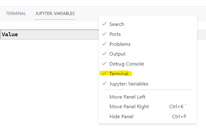 Jupyter notebook: Terminal tab disappears when clicking on "Jupyter variables" in the terminal ...