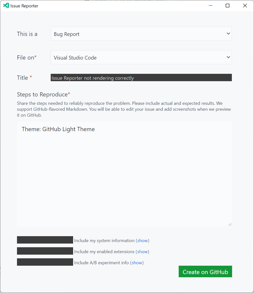 Issue Reporter not rendering correctly · Issue #133281 · microsoft/vscode · GitHub