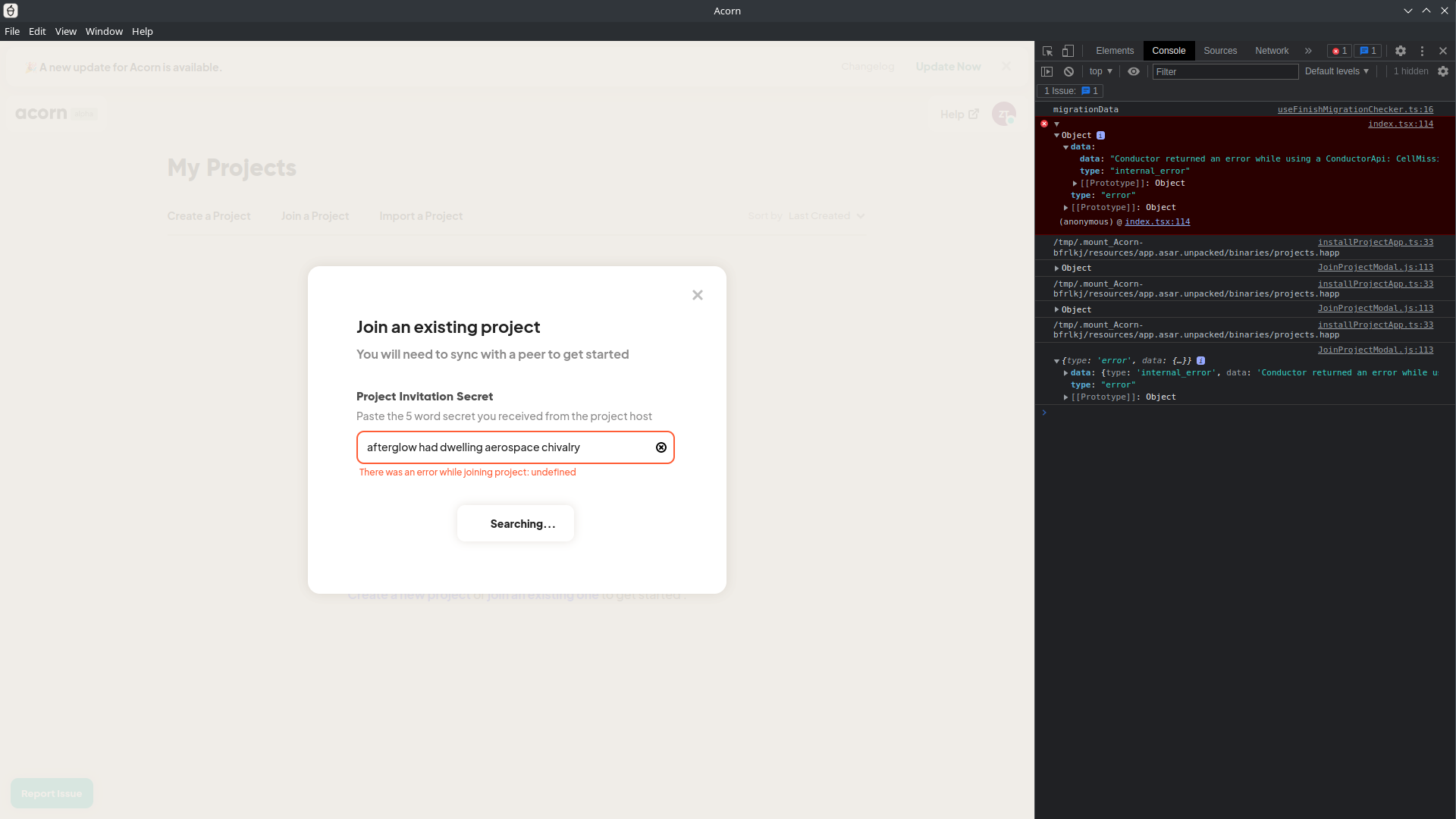 Can't join previous projects · Issue #277 · lightningrodlabs/acorn · GitHub