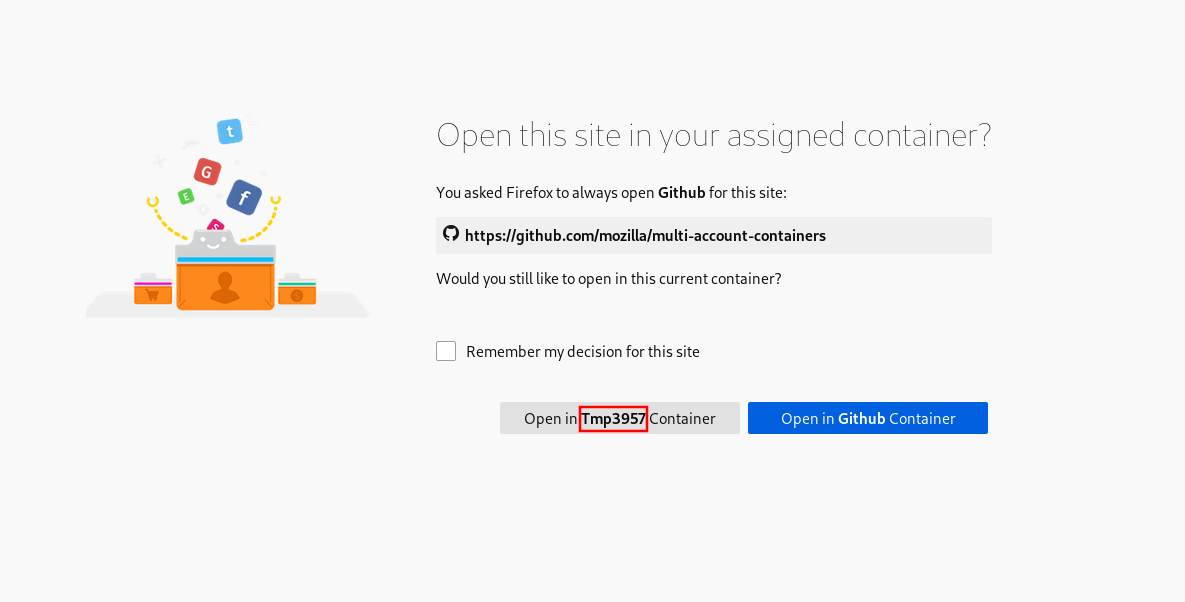 On "Open this site in assigned container", current container button ...
