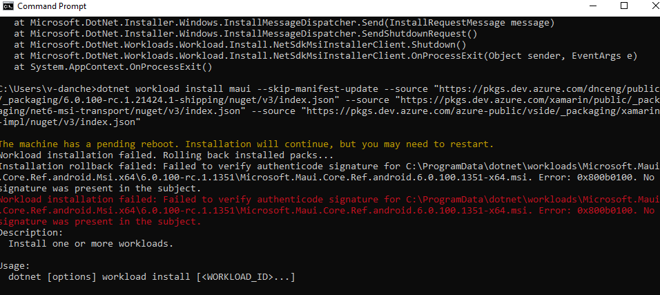 With RC1 initial build installed, maui workload install failed in CLI: One or more errors ...
