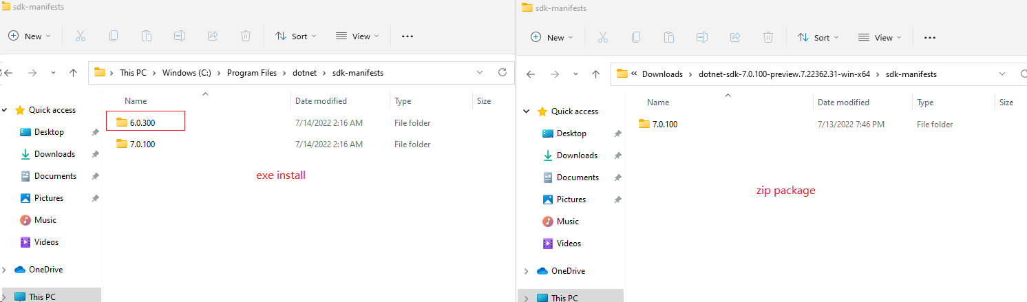 With NET7 preview 7installed, Some files are not identical in .exe installer and in .zip package ...