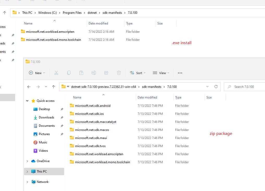 With NET7 preview 7installed, Some files are not identical in .exe installer and in .zip package ...