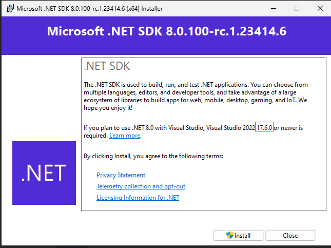 [NETE2ESDK]VS version on .NET 8 SDK installation wizard need to be updated with each release ...