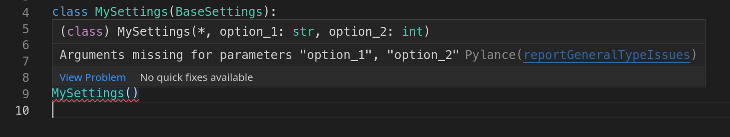 BaseSettings - pylance complains about missing parameters · Issue #3767 · pydantic/pydantic · GitHub
