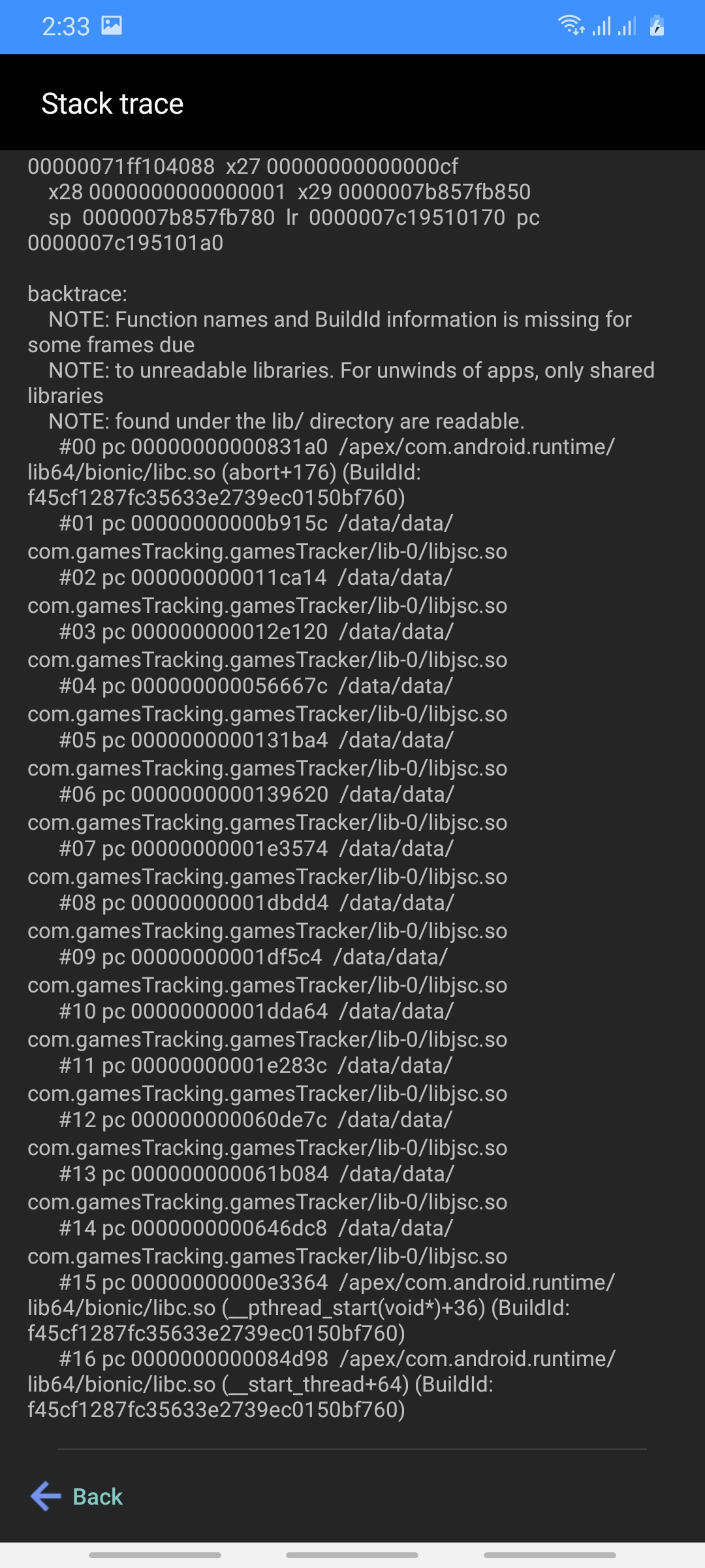 Fatal signal 11 (SIGSEGV), code 1 (SEGV_MAPERR), fault addr 0x8 in tid XXXXX (mqt_js), pid XXX ...