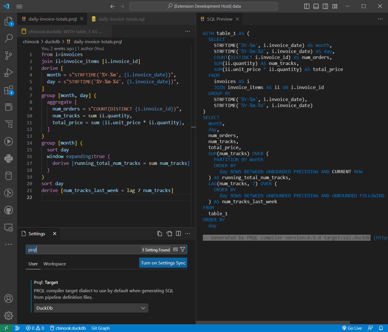 Add prql.target setting and use it to compile PRQL to SQL · Issue #48 · PRQL/prql-vscode · GitHub