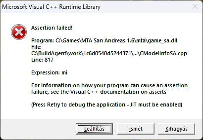 Assertion failed! CModelInfoSA.cpp · Issue #3192 · multitheftauto/mtasa-blue · GitHub
