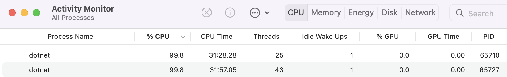 On macOS, dotnet process seems to launch itself several times and maxes out CPU · Issue #66419 ...