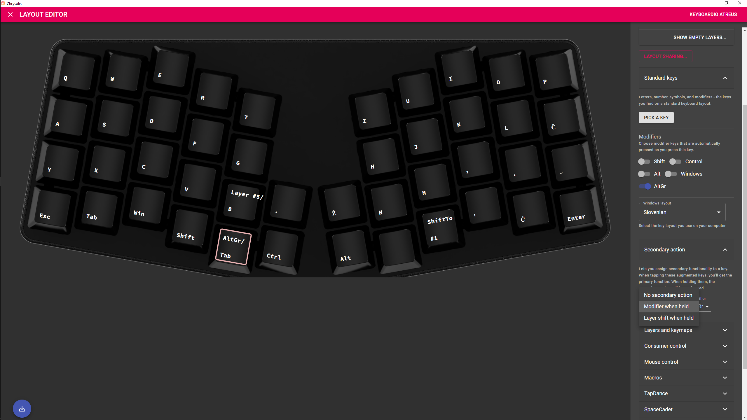 unable to assign a layer shift **secondary action** to **backspace** key on default layout ...