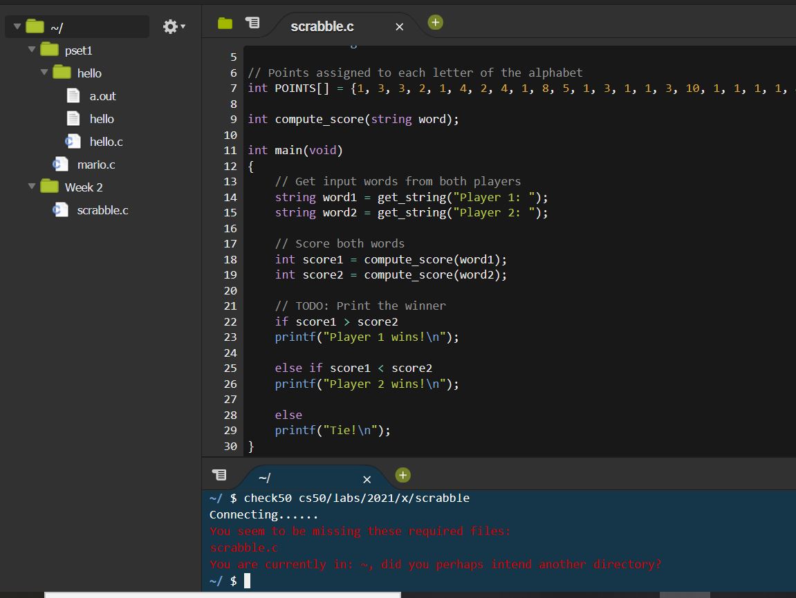 Error message: You seem to be missing these required files: scrabble.c - But, it is not missing ...