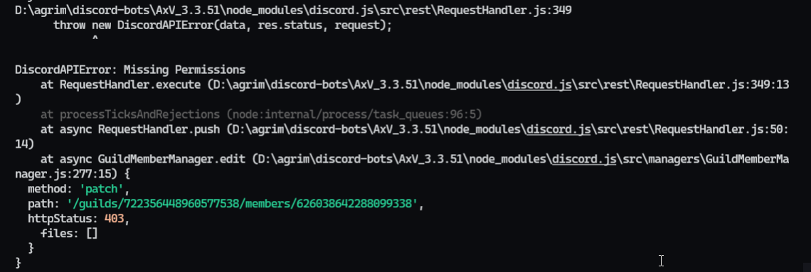 Changing the bot's own nickname gives a Missing permissions error even though the bot has ...