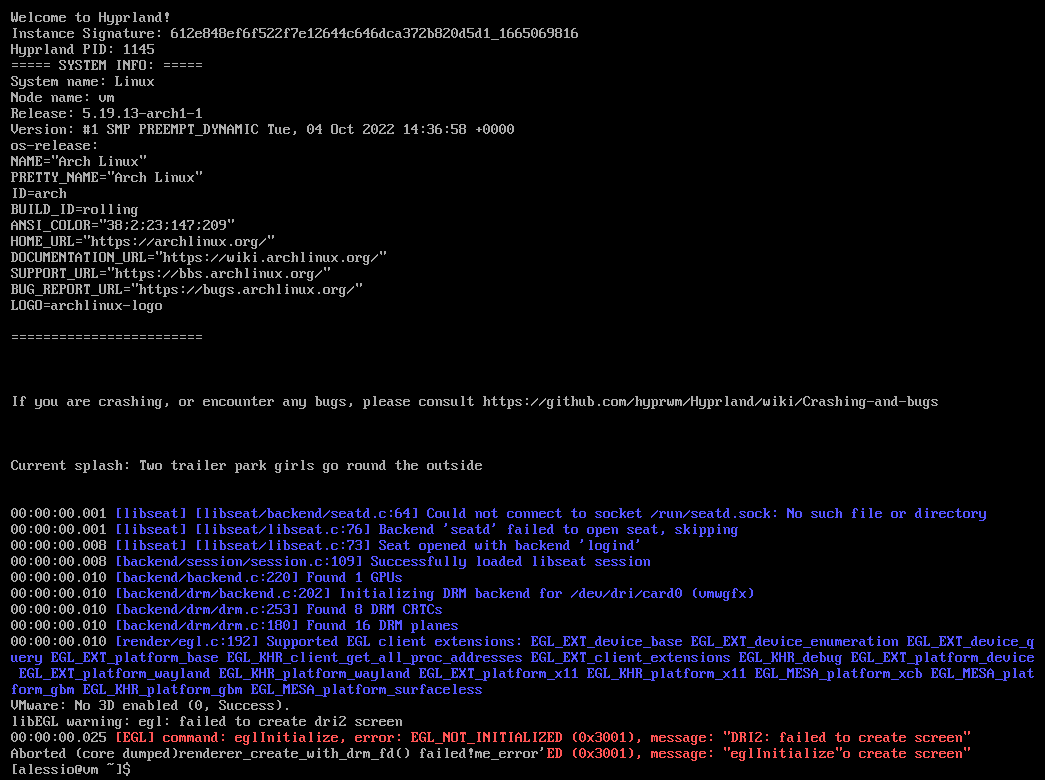 Hyprland Failed To Create Screen In Vmware Virtual Machine Of Archlinux