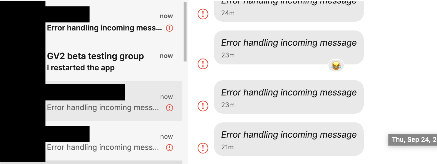 After joining V2 group "Error handling incoming message" messages are received from group ...