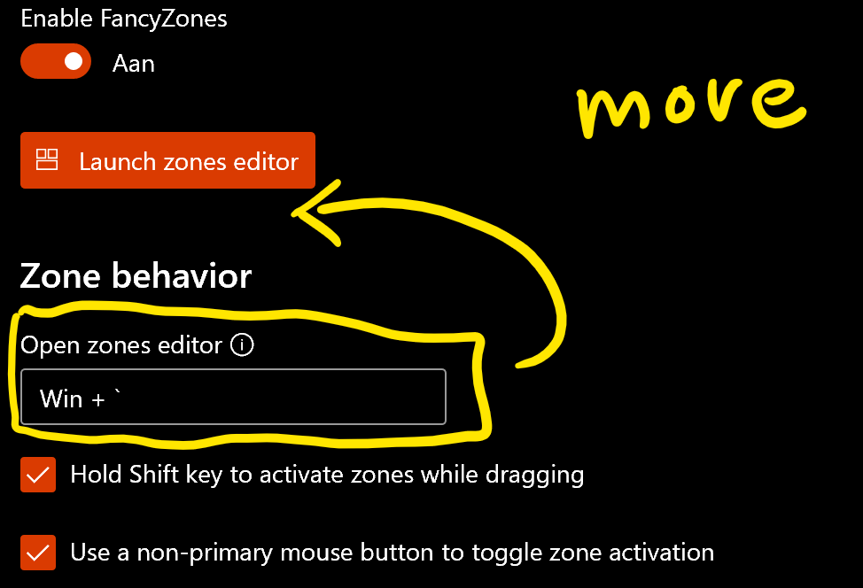 [Settings, Fancy Zones] Control for the hotkey should be under the ...
