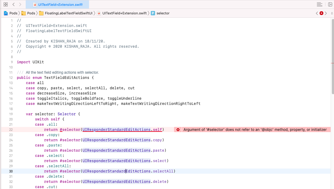Argument Of Selector Does Not Refer To An Objc Method Property Or Initializer · Issue