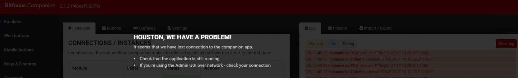 Admin control keeps crashing · Issue #1527 · bitfocus/companion · GitHub