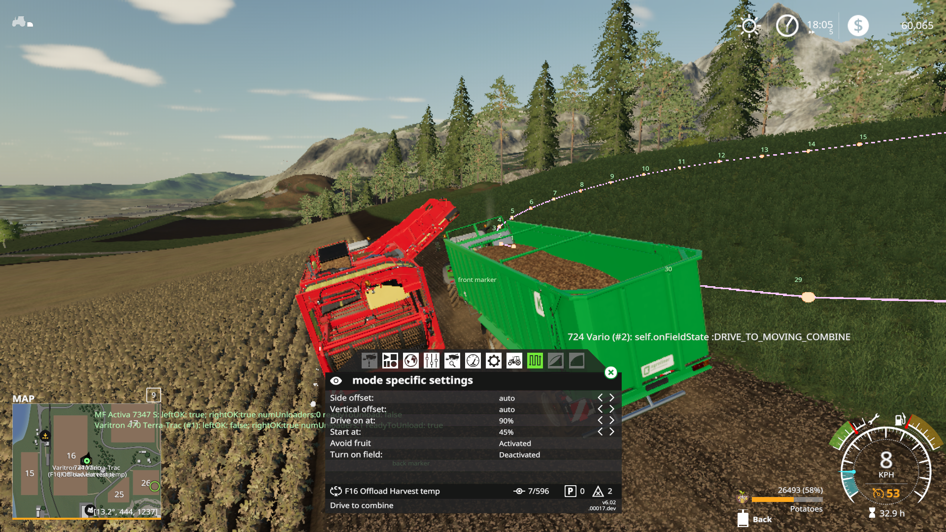 Harvester unloading to trailer, cannot unload too close to harvester ...
