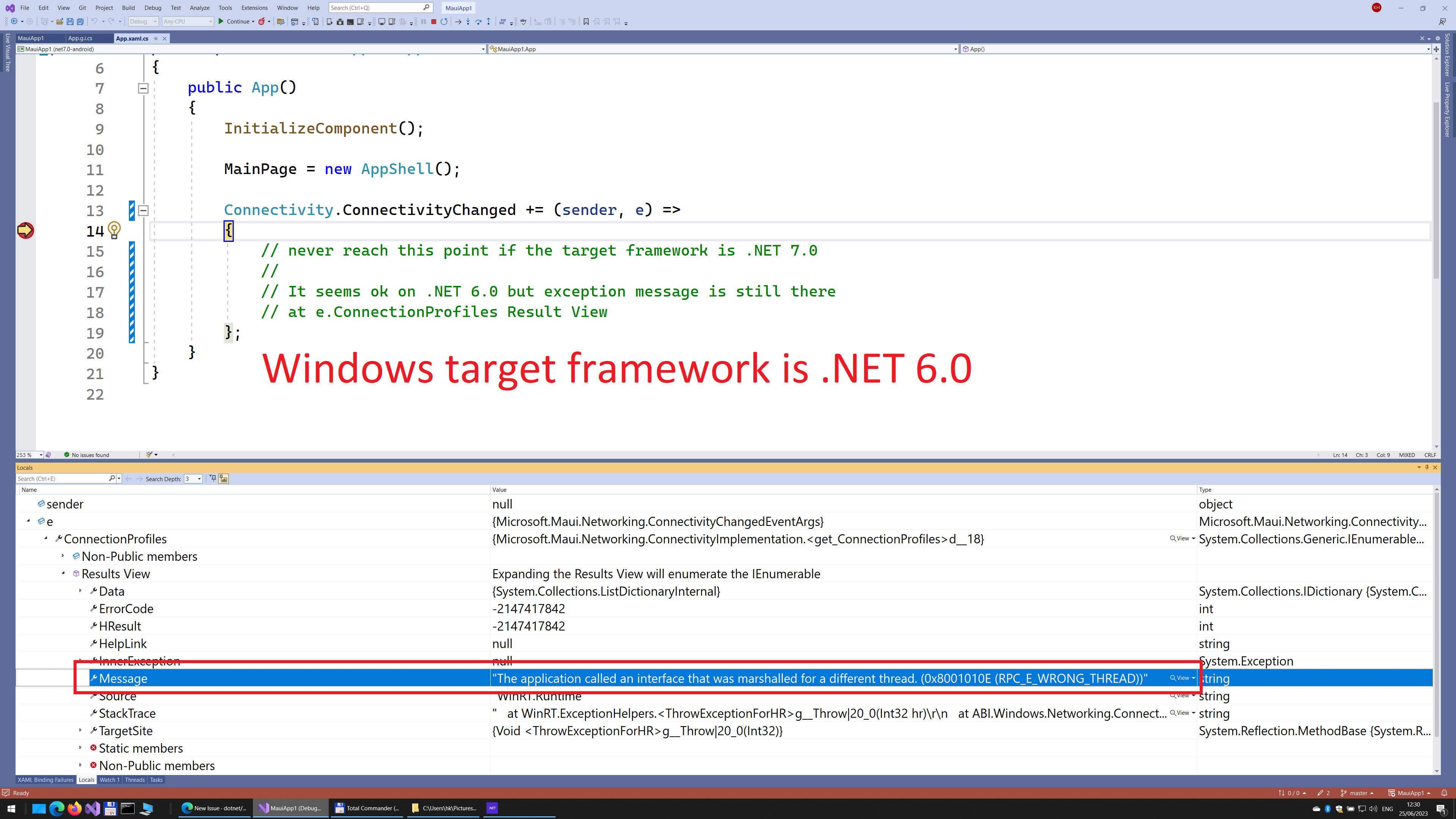 [regression/7.0.0] Connectivity.ConnectivityChanged Event throws exception at network change ...