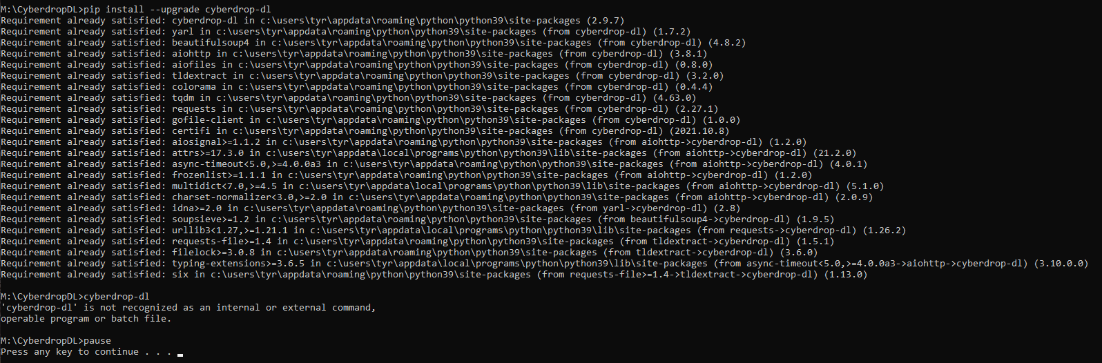 [BUG] 'cyberdrop-dl' is not recognized as an internal or external ...