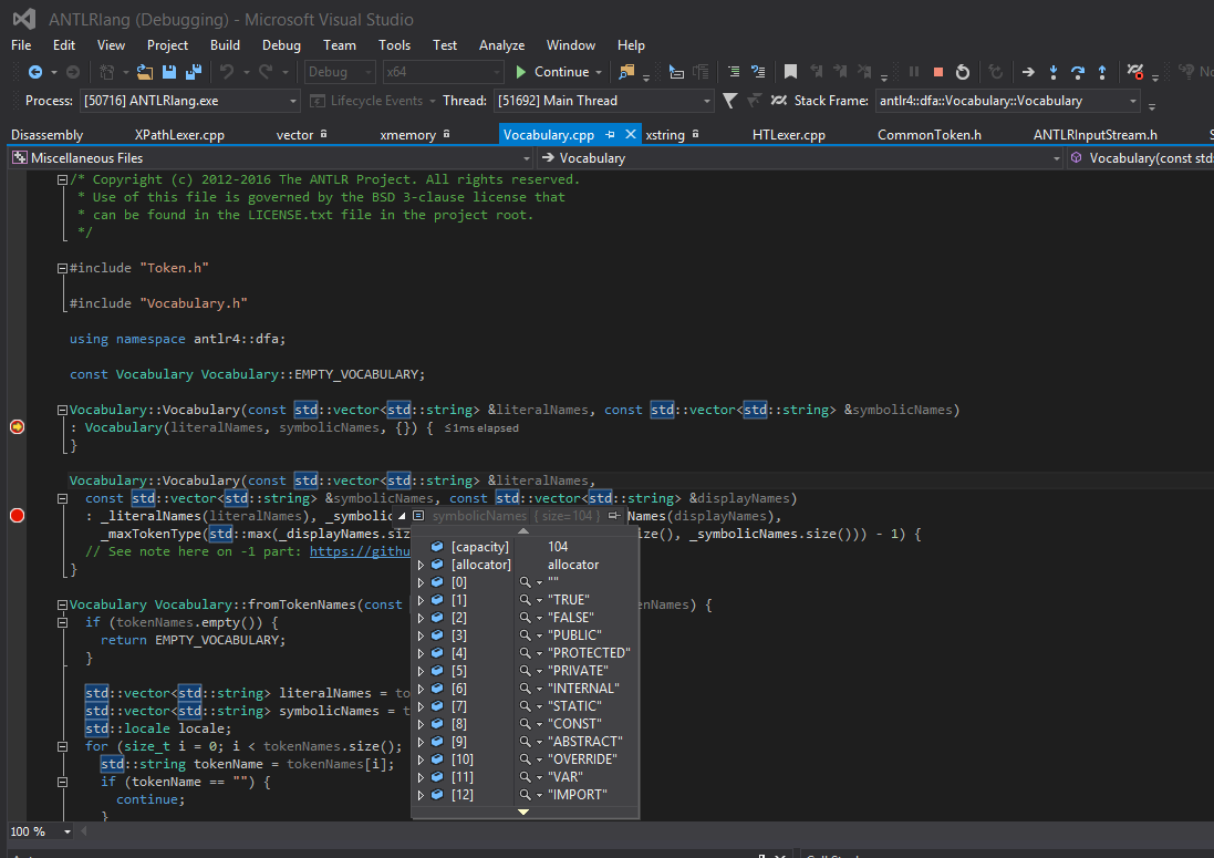 CPP Target: Unhandled exception in dfa::Vocabulary constructor of auto-generated lexer class ...