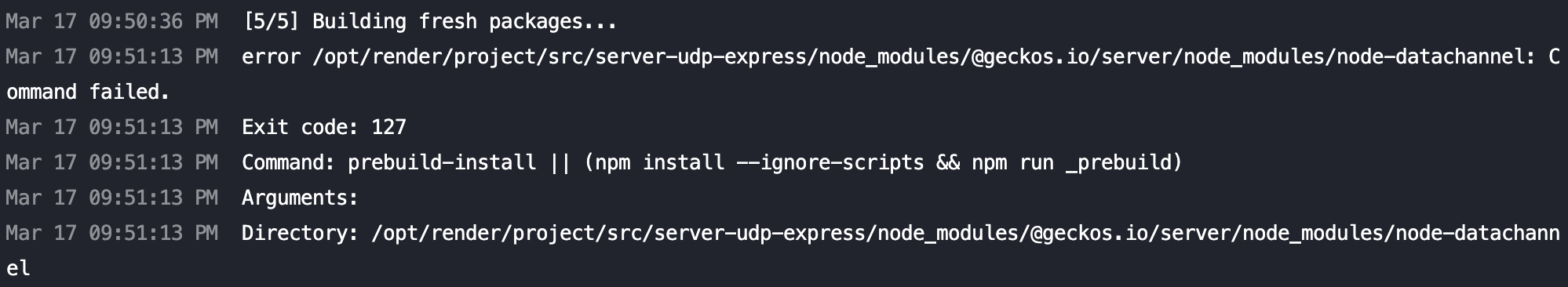 Command failed on node-datachannel connection while deploying to 'render' hosting service ...
