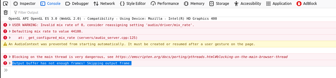 HTML5 export set to 'Threads' produces "Output buffer has not enough frames! Skipping output ...