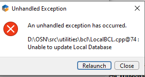 Windows 10: Application fails on launch on new computer with "D:\OSN\src\utilities\blc\Local.cpp ...