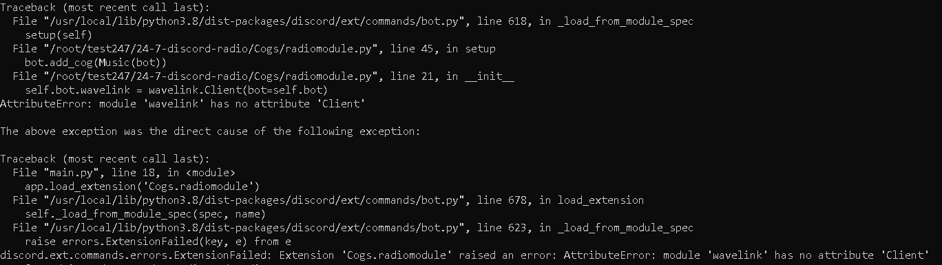 AttributeError: module 'wavelink' has no attribute 'Client' · Issue #2 · fthomys/24-7-discord ...