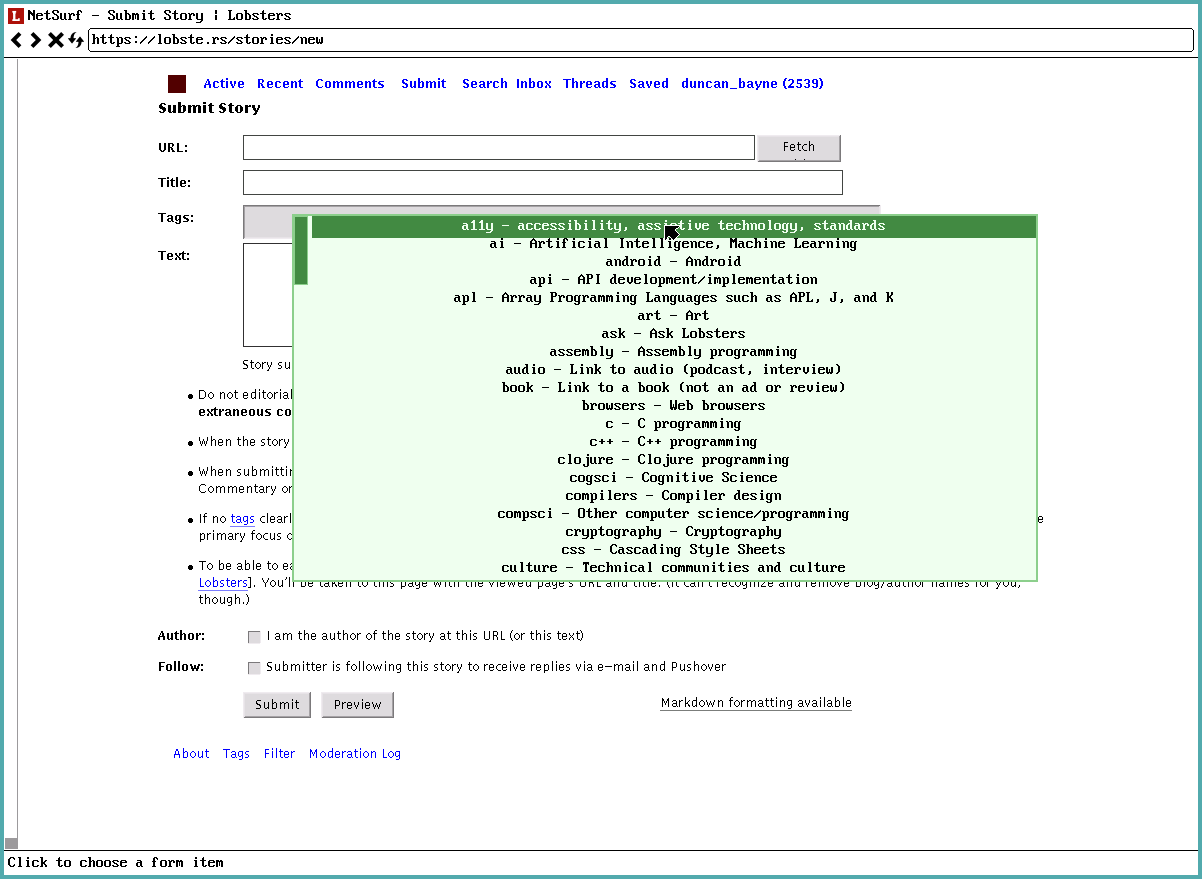 Submit Story not working on NetSurf · Issue #1150 · lobsters/lobsters · GitHub