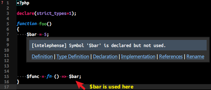 Wrong `symbol 'xxx' is declared but not used` due to arrow function ...
