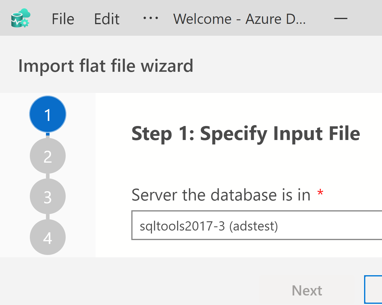 A11y_SQL Azure Data Studio_Add an Azure account_Import flat file wizard_Reflow:On zooming 400% ...
