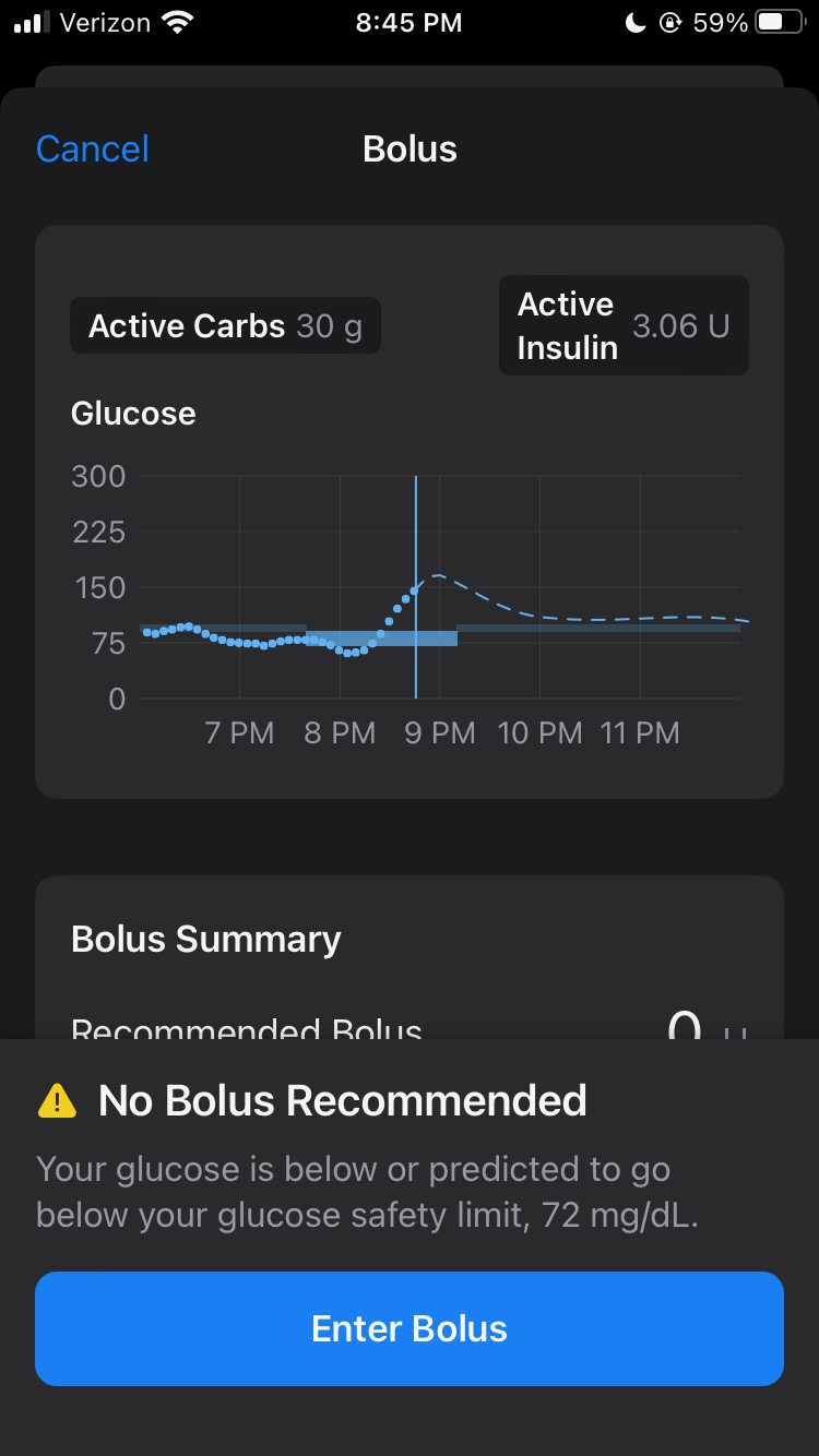 Message on bolus rec screen incorrectly references safety limit when prediction is above limit ...