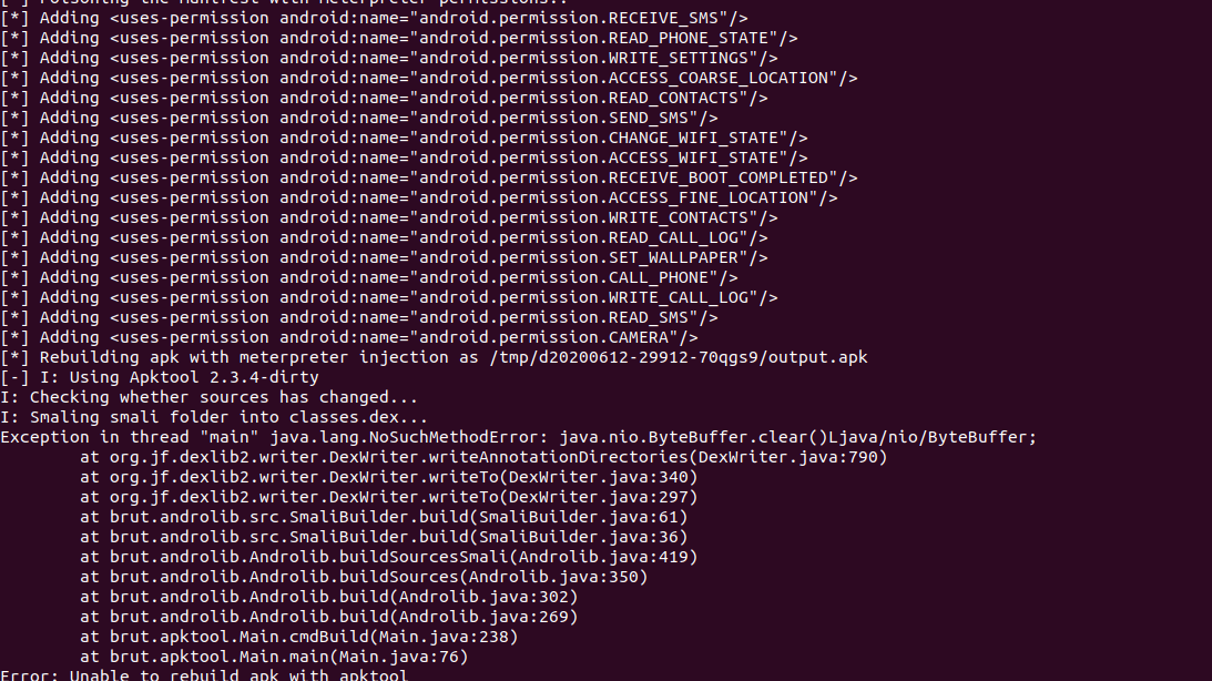 msfvenom: Error: Unable to rebuild apk with apktool · Issue #13606 · rapid7/metasploit-framework ...